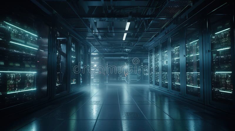 Interior of Data Center with Multiple Rows of Server Racks. Cloud ...
