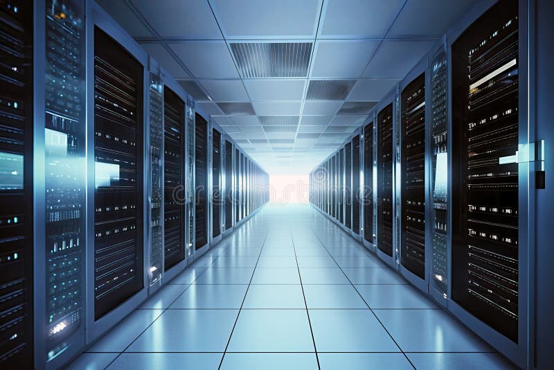 Interior of Data Center Server Room at Night Illuminated by Blue Lights ...