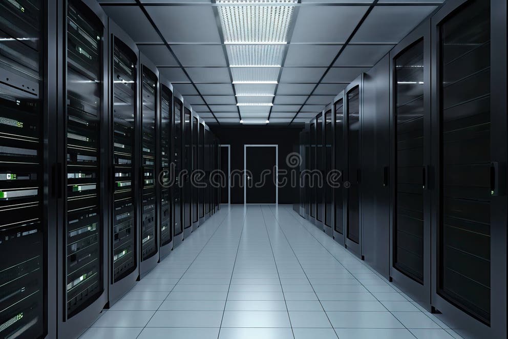 Interior of Data Center Server Room at Night Illuminated by White ...