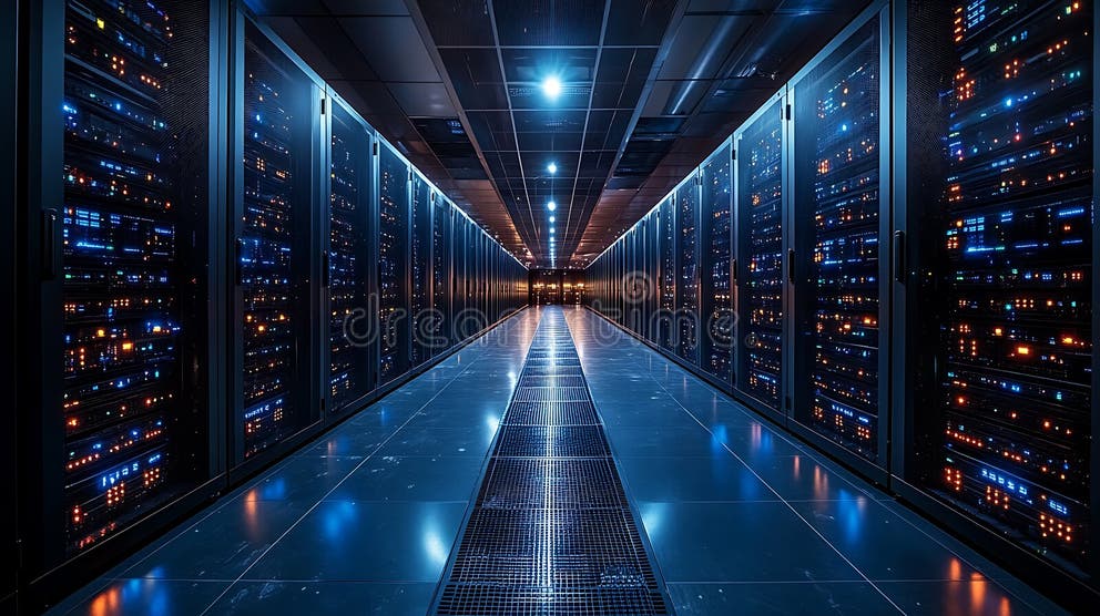 Interior Data Center View with Rows of Rack Servers and Network Equipment Illuminated by Blue ...