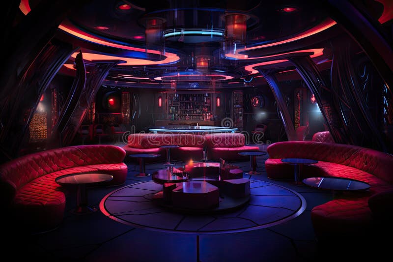 Interior De Una Discoteca Con Sillas Rojas Y Mesas 3d Renderizante ...