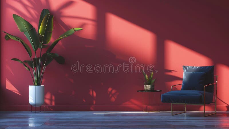 Interior Decor with Tropical Plant and Shadows on Red Wall Stock Photo ...