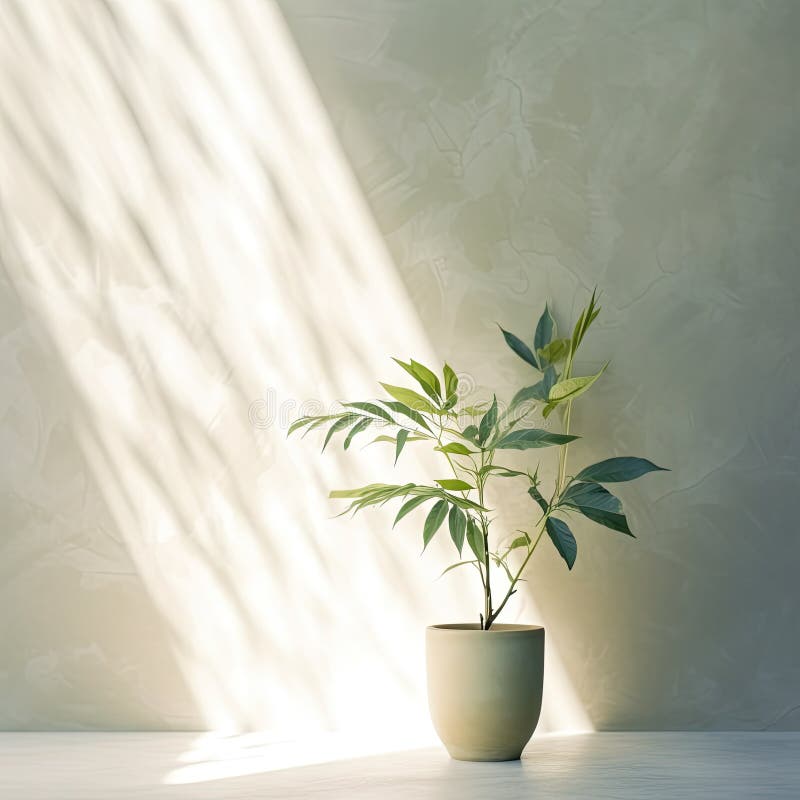 Interior Decoration,Green Tree in Vase with Sunlight Shadows on the ...