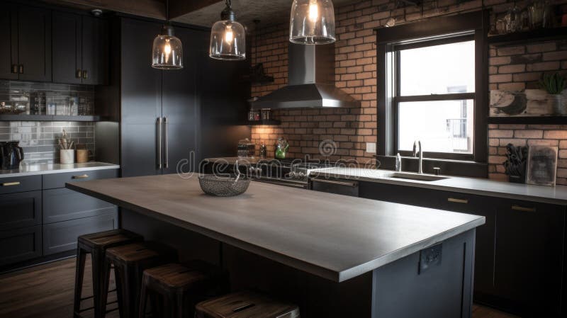 Interior Deisgn of Kitchen in Industrial Style with Exposed Brick Wall ...