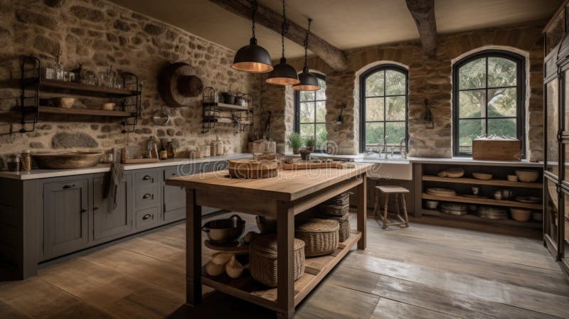 Interior Deisgn of Kitchen in Rustic Style with Kitchen Island Stock ...