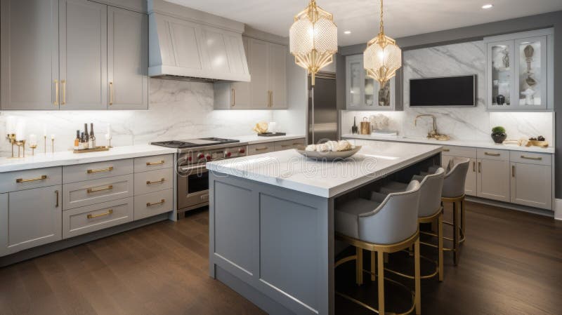 Interior Deisgn of Kitchen in Transitional Style with Marble Backsplash ...