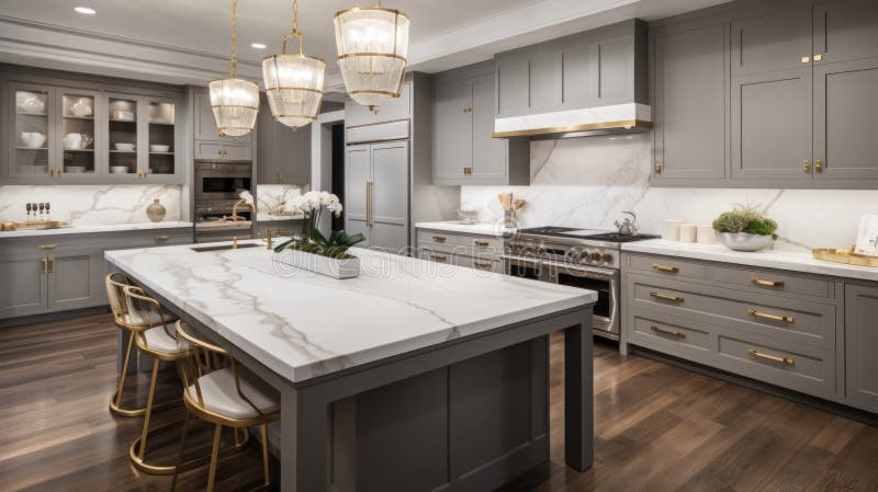 Interior Deisgn of Kitchen in Transitional Style with Marble Backsplash ...