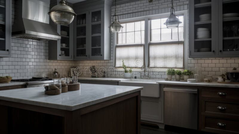 Interior Deisgn of Kitchen in Transitional Style with Subway Tiles ...