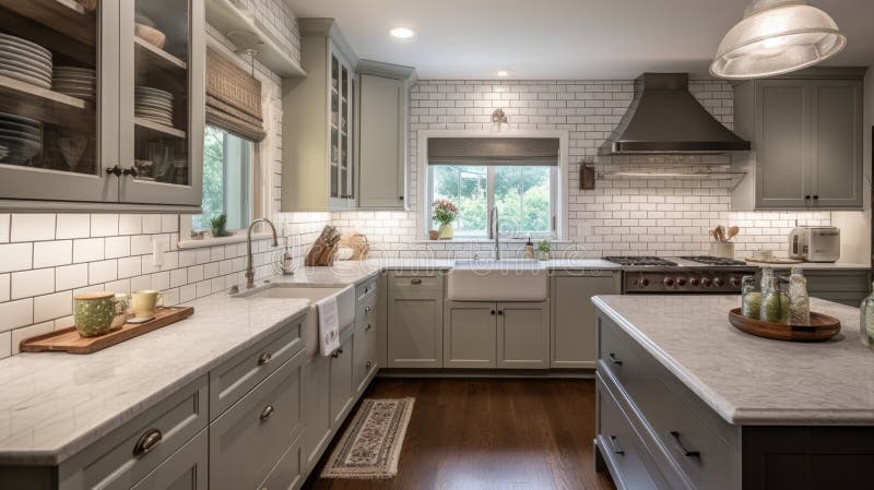 Interior Deisgn of Kitchen in Transitional Style with Subway Tiles ...