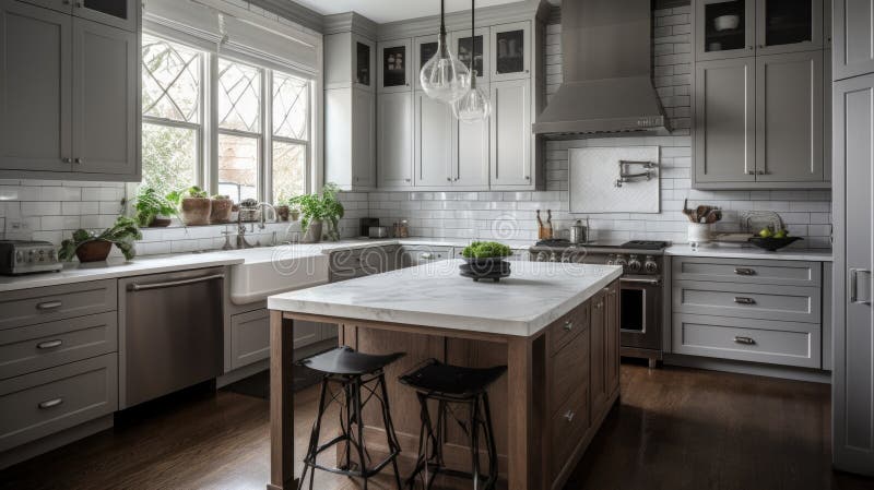 Interior Deisgn of Kitchen in Transitional Style with Subway Tiles ...
