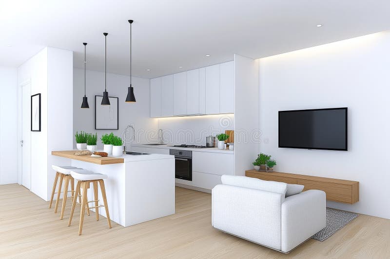 Interior Design for an Apartment Featuring a Compact Kitchen and Living ...