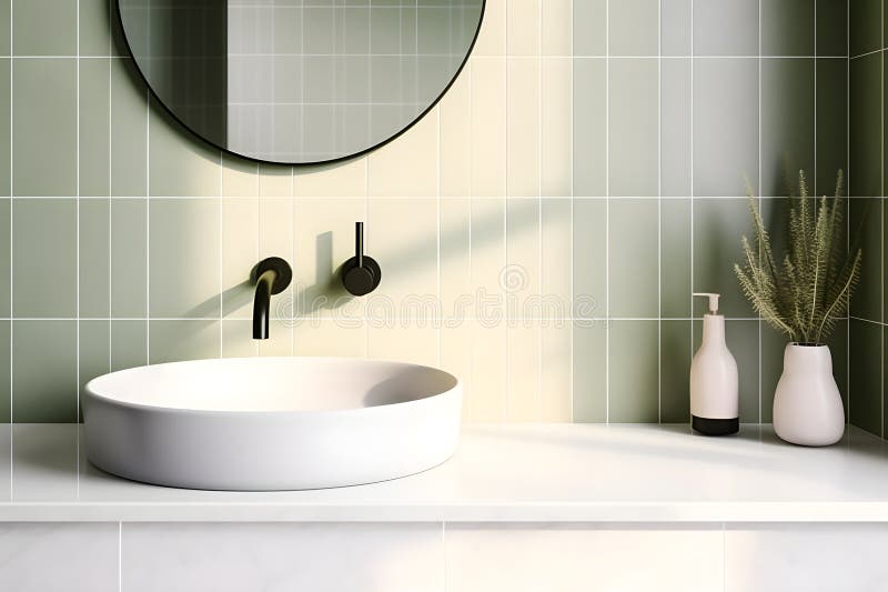 Interior Design of Bathroom, Empty White Vanity Counter with Ceramic ...