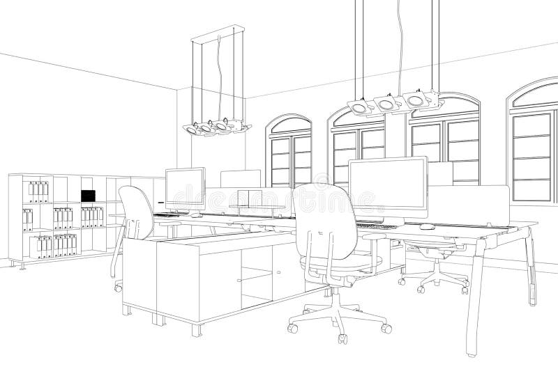 Interior Design Big Office Room with Desks Custom Drawing Stock ...