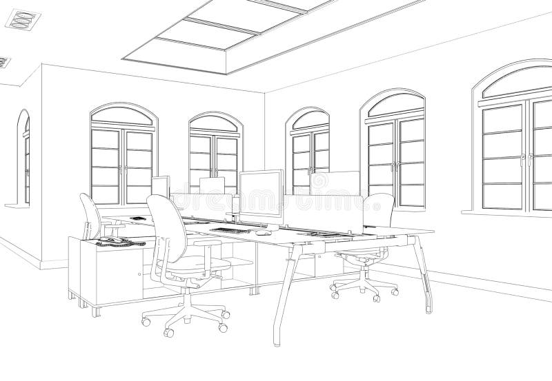 Interior Design Big Office Room with Desks Custom Drawing Stock ...
