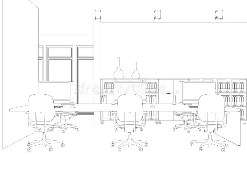 Interior Design Big Office Room with Desks Custom Drawing Stock ...