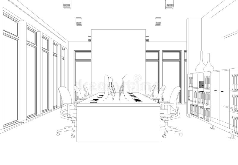 Interior Design Big Office Room with Desks Custom Drawing Stock ...