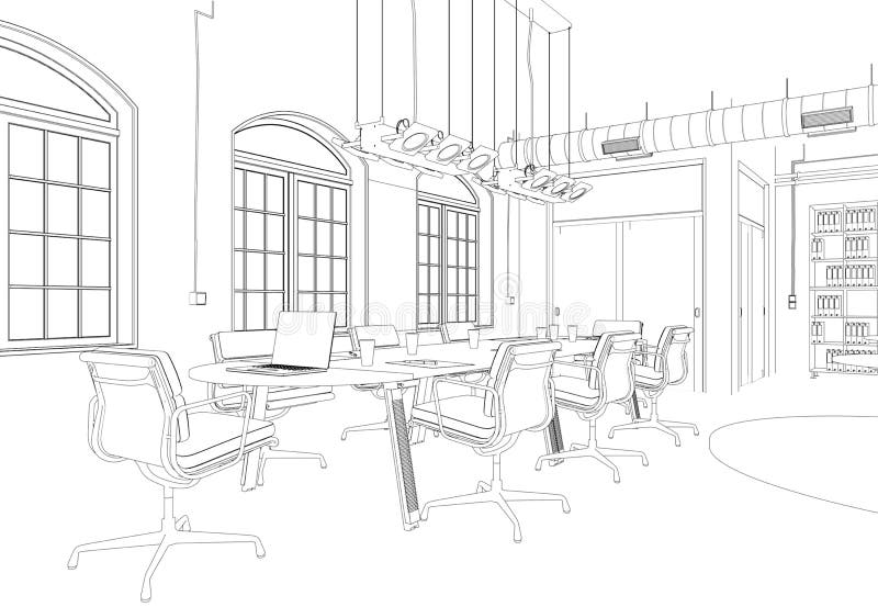 Interior Design Big Office Room with Desks Custom Drawing Stock ...