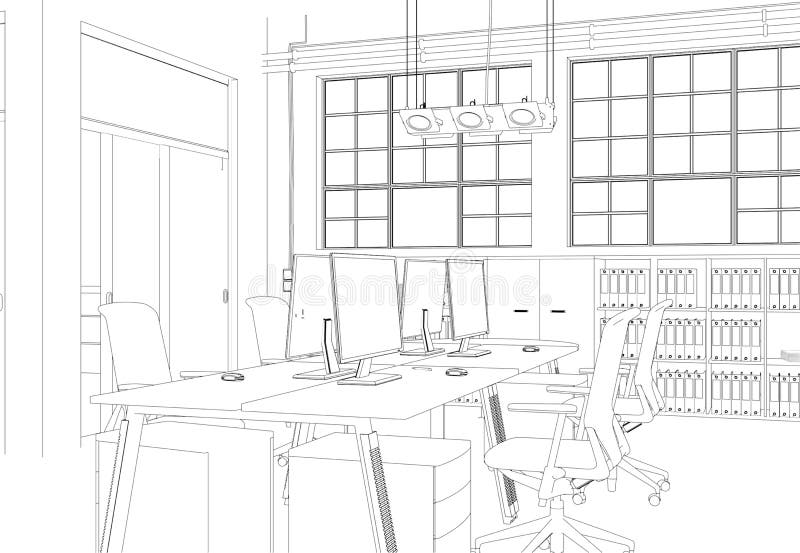 Interior Design Big Office Room with Desks Custom Drawing Stock ...