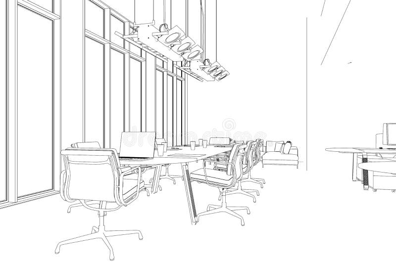 Interior Design Big Office Room with Desks Custom Drawing Stock ...