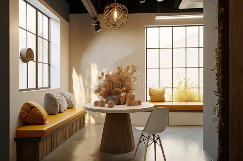 Interior Design in Bright and Warm Tones, Design Bench and Design Table in the Room, Generative ...