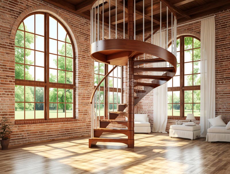 Interior Design of Circular Staircase with Wooden Materials Stock ...