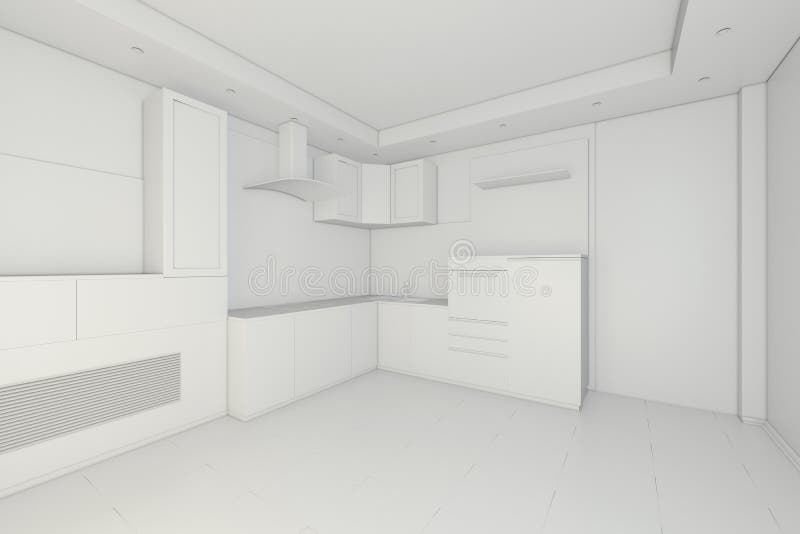 Interior Design of Clean Modern White Kitchen. 3d Rendering Stock ...
