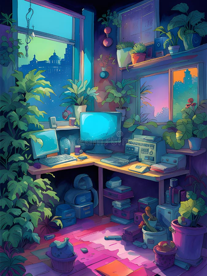 Interior Design with Computer and Plants, Illustration Stock ...