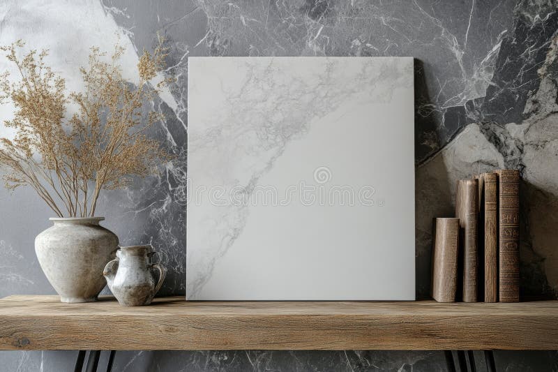 Interior Design Concept, Canvas Mockup on Wooden Table with Marble ...