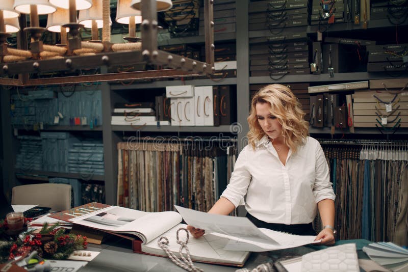 Interior Designer Woman at Work. Design and Interior Decoration. Stock ...