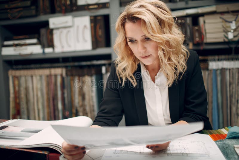 Interior Designer Woman at Work. Design and Interior Decoration. Stock ...