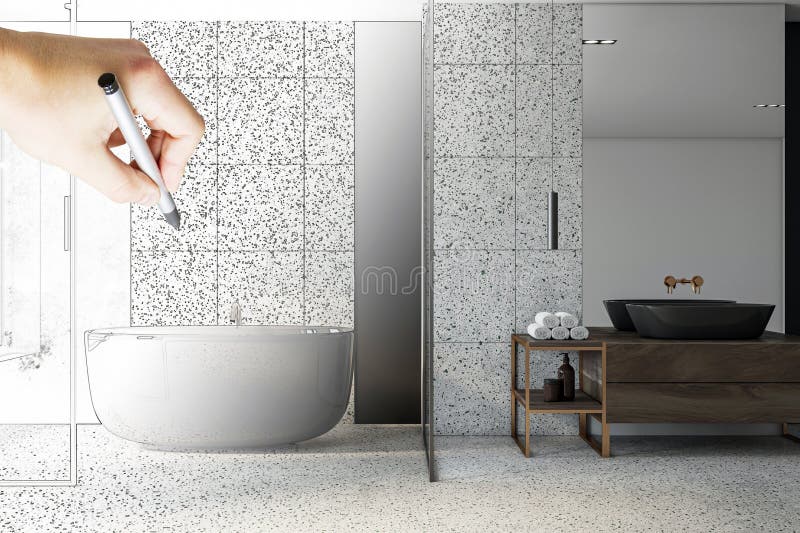 Interior Design Concept with Hand Drawing Bathroom Project Stock Image ...