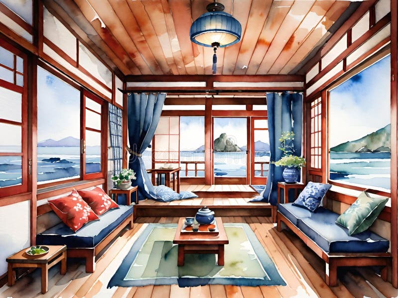 Interior Design Concept, Watercolor Painting Stock Illustration ...
