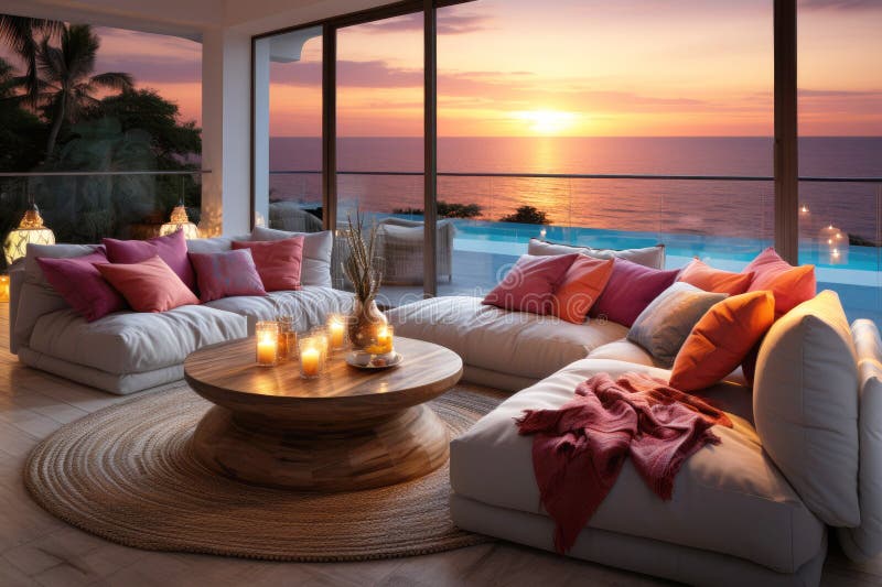 Interior Design, Cozy Room with a Sofa, Panoramic Windows, Overlooking ...