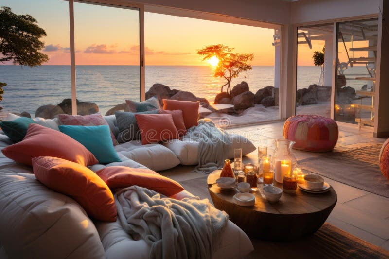 Interior Design, Cozy Room with a Sofa, Panoramic Windows, Overlooking ...