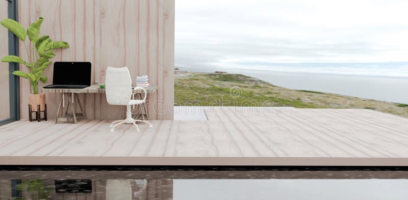 Interior Design 3d Rendering of a Wide Work Room at Beach Home with ...