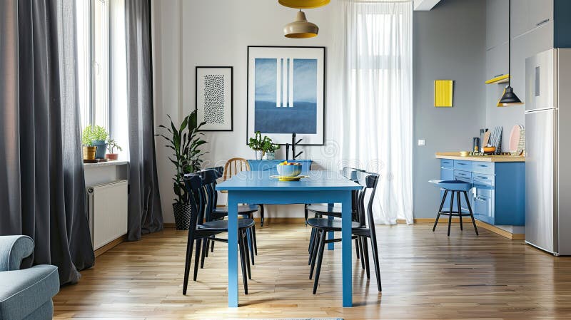 Interior Design of Dining Room with a Blue Table and Chairs in Modern ...