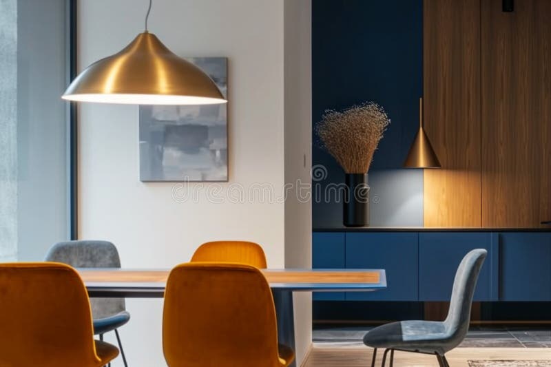 Interior Design of Dining Room with a Blue Table and Chairs in a Modern ...