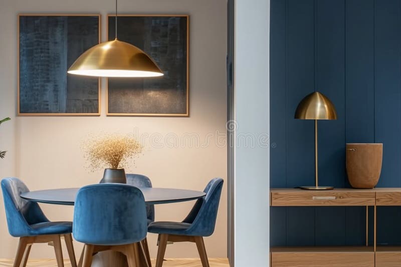 Interior Design of Dining Room with a Blue Table and Chairs in a Modern ...