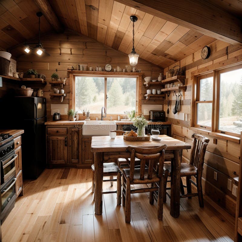 Interior Design of a Dining Room and Kitchen in a Tiny Rustic Log Cabin ...