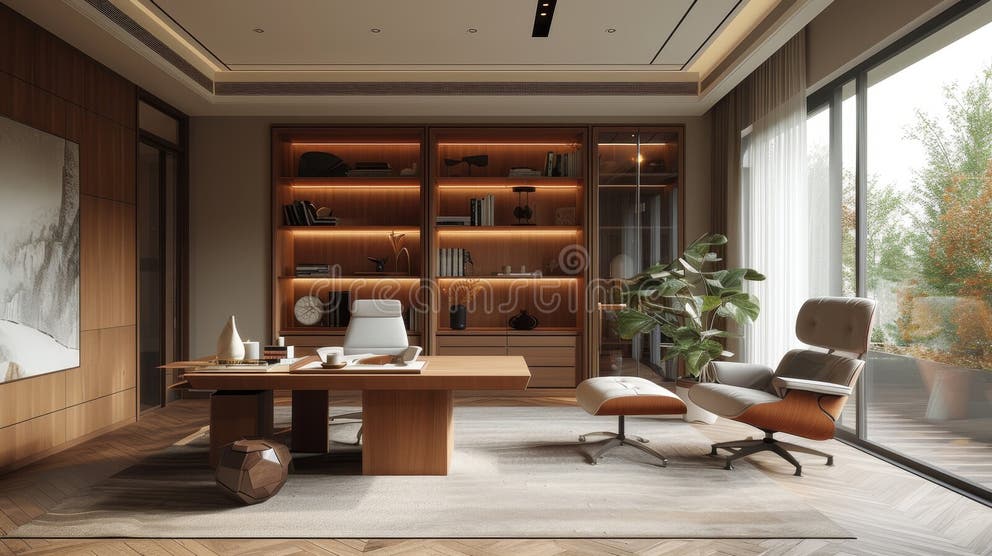 Interior Design, an Elegant Modern Minimalist Study with a Spacious ...