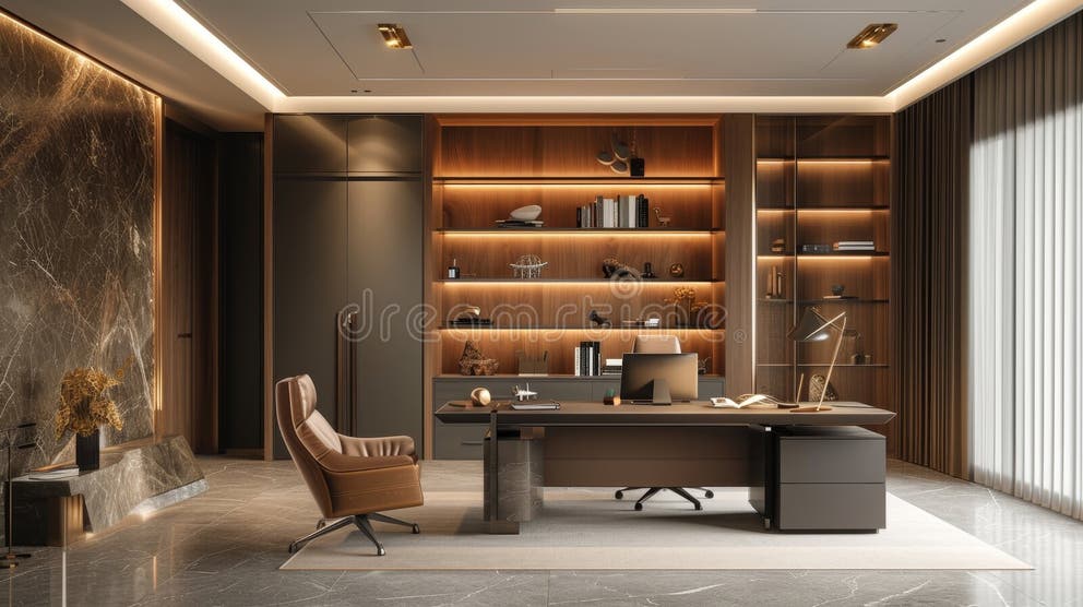 Interior Design, an Elegant Modern Minimalist Study with a Spacious ...