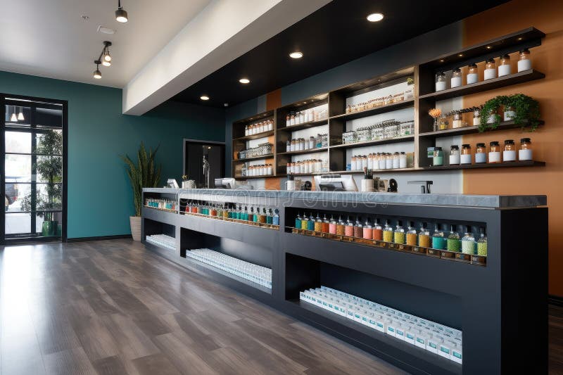 Interior Design Elements of a Sleek and Modern Dispensary, with Pops of ...