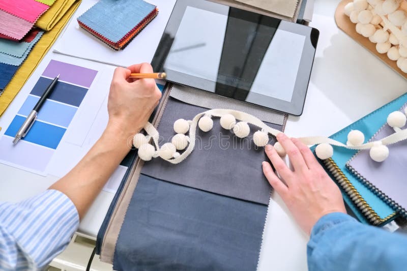 Interior Design, Fabric Samples Sketches Digital Tablet Designers Hands ...