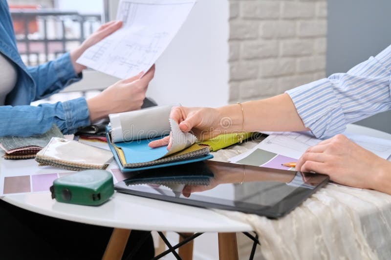 Interior Design, Fabric Samples Sketches Digital Tablet Designers Hands ...