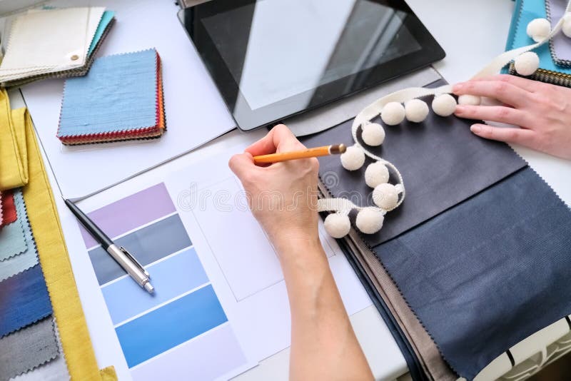 Interior Design, Fabric Samples Sketches Digital Tablet Designers Hands ...