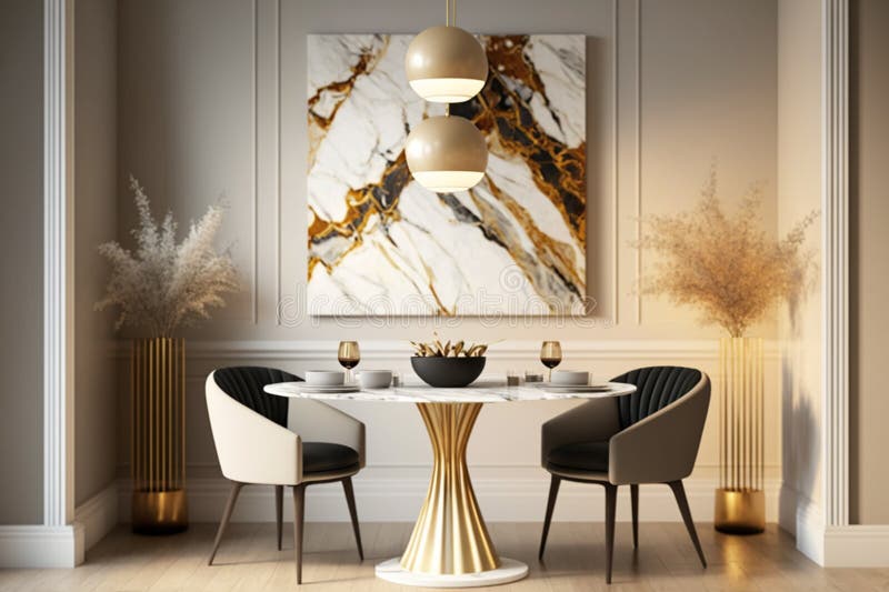 The Interior Design Features a Modern Dining Room with a Wooden Round ...