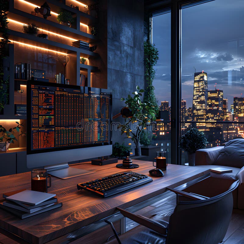 Modern Desk with Computer and Keyboard in a Condo Living Room Stock ...