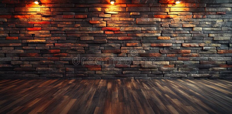 Interior Design Featuring a Rustic Stone Wall, Warm Lighting, and a ...