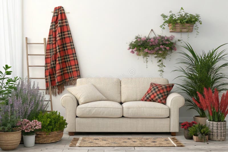 Interior with Sofa, Plants, and Plaid Stock Illustration - Illustration ...