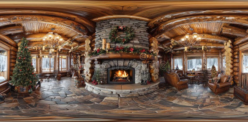 Interior Design with a Fireplace in Christmas Style. Seamless 360 ...